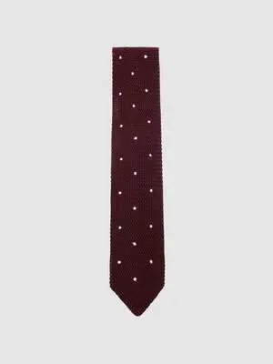 REISS Punto Spot Silk Knitted Pin-dot Tie - Burgundy