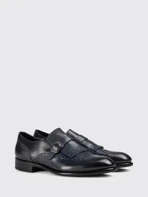 DOUCAL'S Leather Monk Strap Shoes With Brogue Detailing And Fringe - Blue