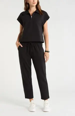 Zella Tempo Terry Half-zip Short-sleeve Sweatshirt - Black
