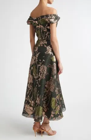 Lela Rose Floral Draped Metallic Fil Coupé Fit & Flare Dress