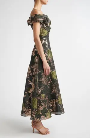 Lela Rose Floral Draped Metallic Fil Coupé Fit & Flare Dress