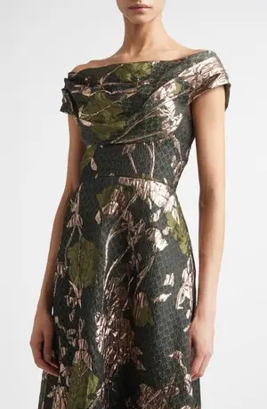 Lela Rose Floral Draped Metallic Fil Coupé Fit & Flare Dress