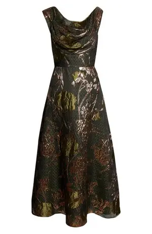 Lela Rose Floral Draped Metallic Fil Coupé Fit & Flare Dress