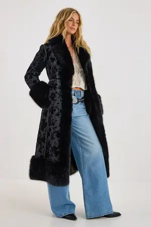 Nasty Gal Floral Jacquard Faux Fur Maxi Coat - Black