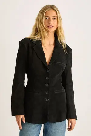 Nasty Gal Real Suede Cinched Waist Blazer - Black