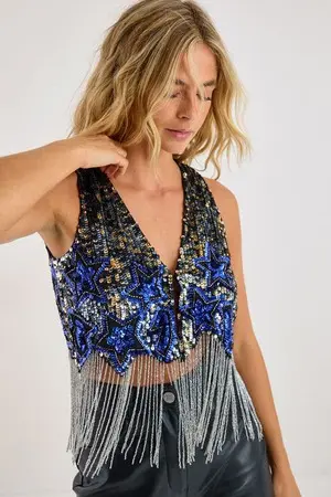 Nasty Gal Embellished Sequin Star Lightning Bolt Tassel Vest