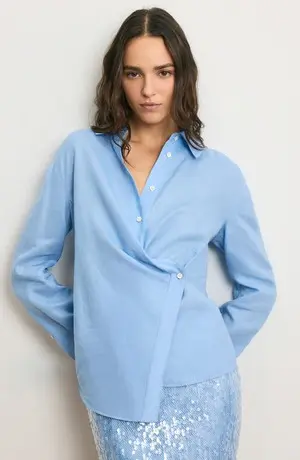 Veronica Beard Perezzi Asymmetric Linen Button-up Shirt - Blue Jay
