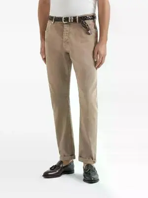 Brunello Cucinelli Embroidered-logo Trousers - Neutrals