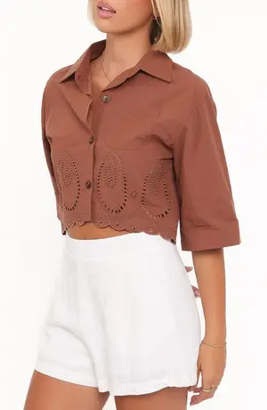 PETAL & PUP Williams Eyelet Scalloped Hem Crop Button-up Shirt