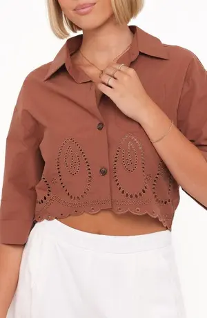 PETAL & PUP Williams Eyelet Scalloped Hem Crop Button-up Shirt