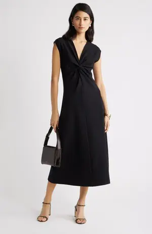 Nordstrom Twist Front Cap Sleeve Midi Dress - Black