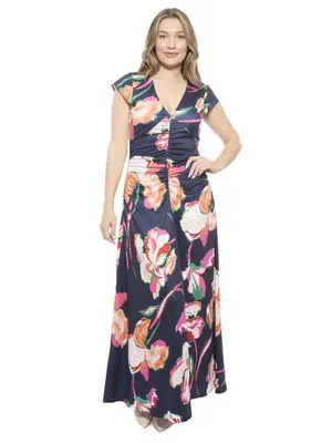 24SEVEN COMFORT APPAREL Floral V-neck Maxi Dress - Navy Multi