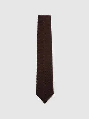 REISS Punto Silk Knitted Tie - Dark Brown