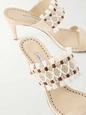 Manolo Blahnik Efeso 70 Fringed Raffia And Leather Sandals - Neutrals