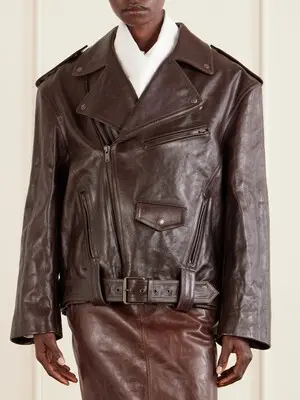 Saint Laurent Glossed Textured-leather Biker Jacket - Brown
