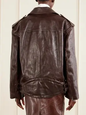 Saint Laurent Glossed Textured-leather Biker Jacket - Brown