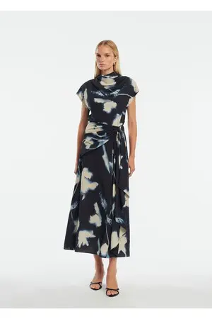 Lela Rose Abstract Floral Crepe Cascade Skirt - Black