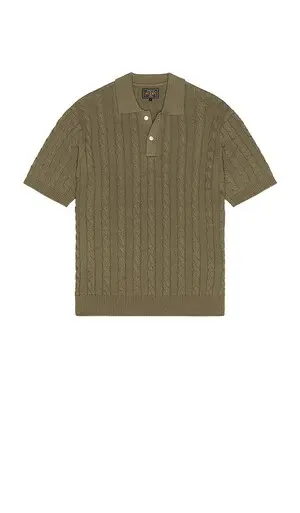 BEAMS Knit Polo Cable In Green - Olive