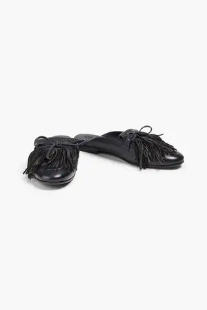 Brunello Cucinelli Bead-embellished Fringed Leather Slippers - Black