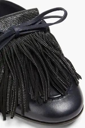 Brunello Cucinelli Bead-embellished Fringed Leather Slippers - Black