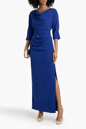 Badgley Mischka Belted Draped Crepe Gown
