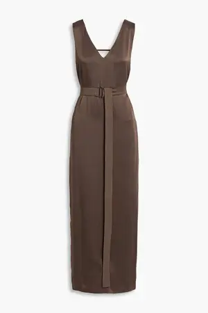Brunello Cucinelli Belted Crepe-satin Maxi Dress - Brown