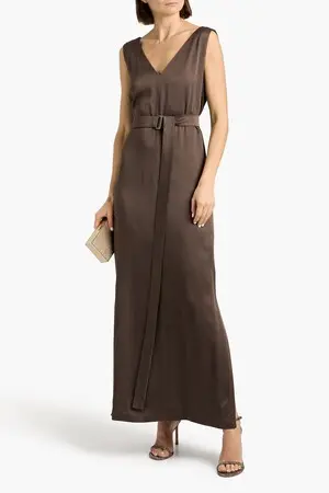 Brunello Cucinelli Belted Crepe-satin Maxi Dress - Brown