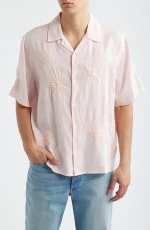 WAX LONDON Didicot Chunk Embroidered Flowers Linen Camp Shirt - Pink