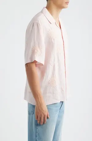 WAX LONDON Didicot Chunk Embroidered Flowers Linen Camp Shirt - Pink