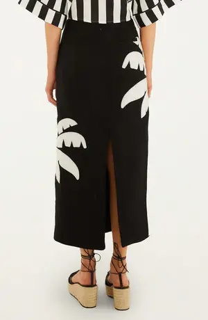 Farm Rio Palm Tree Embroidered Linen Maxi Skirt - Black