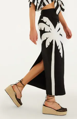 Farm Rio Palm Tree Embroidered Linen Maxi Skirt - Black