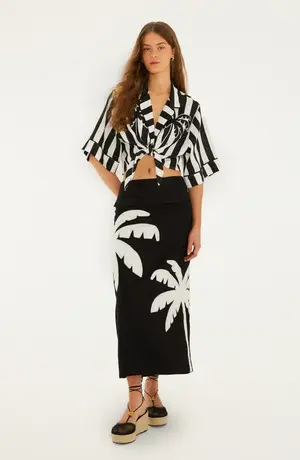 Farm Rio Palm Tree Embroidered Linen Maxi Skirt - Black