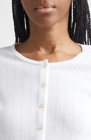 LESET Cotton Pointelle Crop Cardigan - White