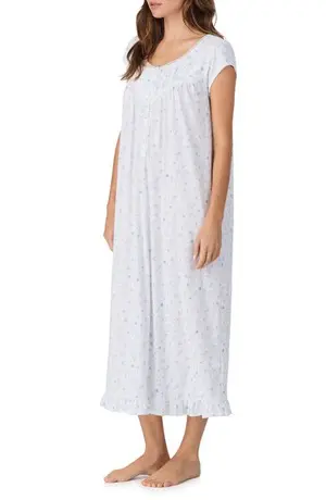 Eileen West Cap-sleeve Cotton Nightgown - White/blue