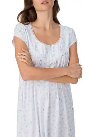Eileen West Cap-sleeve Cotton Nightgown - White/blue