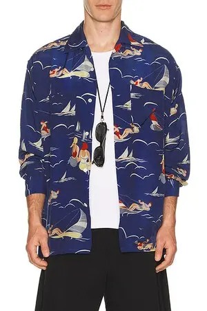 BEAMS Open Collar Cupro Print