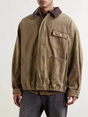 SSSTEIN Leather-trimmed Garment-dyed Cotton-canvas Jacket