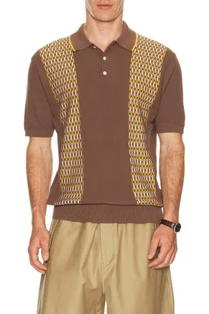 BEAMS Knit Polo Front Stripe Jacquard - Brown