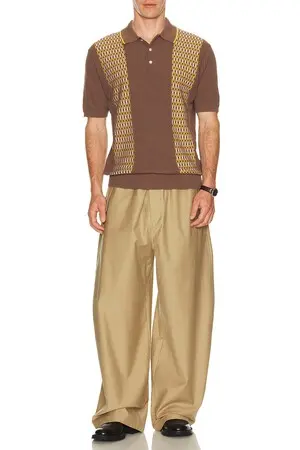 BEAMS Knit Polo Front Stripe Jacquard - Brown