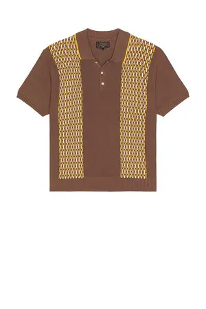 BEAMS Knit Polo Front Stripe Jacquard - Brown
