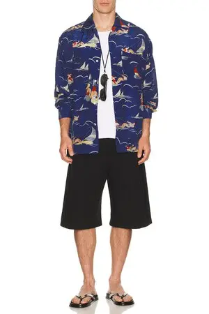 BEAMS Open Collar Cupro Print - Blue