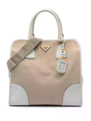Prada Saffiano Trimmed Canvas Canapa Satchel - Brown