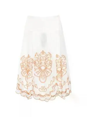 Farm Rio Floral-embroidered Midi Skirt - White