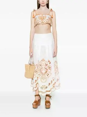 Farm Rio Floral-embroidered Midi Skirt - White