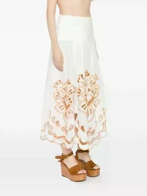 Farm Rio Floral-embroidered Midi Skirt - White