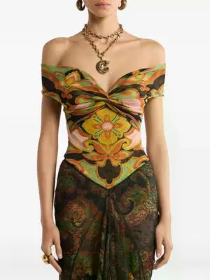Etro Tulle Bodysuit With Open Shoulders And Floral Print - Green