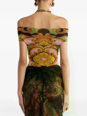 Etro Tulle Bodysuit With Open Shoulders And Floral Print - Green