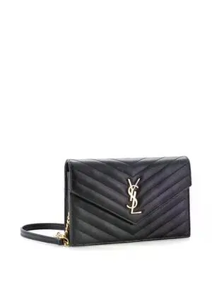 Saint Laurent Classic Monogram Wallet On Chain Matelasse Chevron Leather Small Crossbody Bag - Black