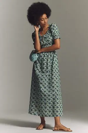 EXQUISE Smocked Puff Sleeve Midi Dress - Blue Pattern