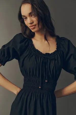EXQUISE Smocked Puff Sleeve Midi Dress - Solid Black